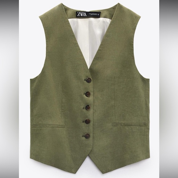 Zara | Jackets & Coats | Zara Linen Blend Olive Green Buttonup Vest ...
